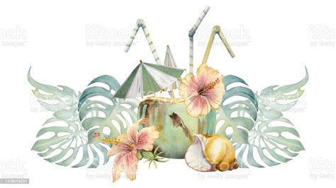 손으로 그린 수채화 구성 종이 우산 히비스커스 꽃과 코코넛 칵테일 흰색 배경에 격리 디자인 벽 예술 결혼식 인쇄 직물 표지 카드 관광 여행 책자 0명에 대한 스톡 벡터 아트