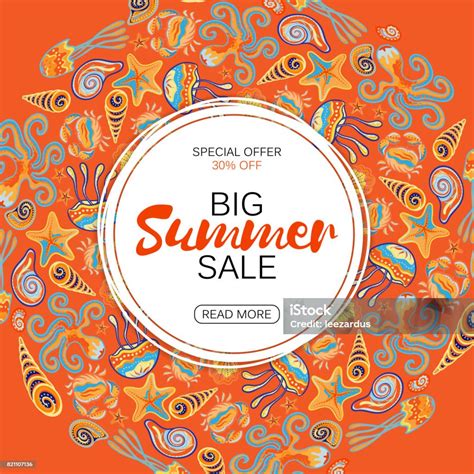 여름 세일 라운드 프레임 해양 생물 벡터 일러스트입니다 손 그리기 레터링 0명에 대한 스톡 벡터 아트 및 기타 이미지 0명