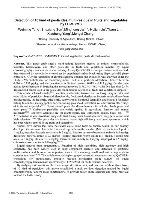 Pdf Detection Of 10 Kind Of Pesticides Multi Residue In Fruits And Vegetables By Lc Ms Ms