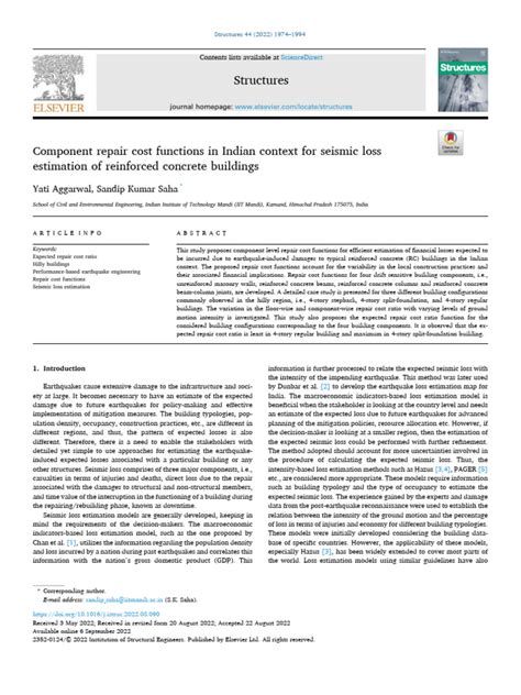 Component Repair Cost Functions In Indian Context For Seismic Loss