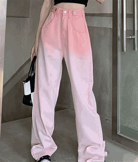 그라디언트 핑크 데님 청바지 카고 와이드팬츠 유니크 꾸안꾸 귀여운 봄 가을 스트레이트 일자 통큰 바지