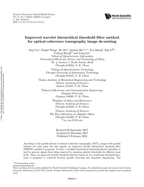 Pdf Improved Wavelet Hierarchical Threshold Filter Method For Optical Coherence Tomography