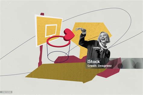 복합 트렌드 아트 워크 3d 스케치 이미지 사진 콜라주 발렌타인 데이 애정 심장 유대감 데이트 젊은 아가씨 던지다 바구니 농구 놀이 20 24세에 대한 스톡 사진 및 기타