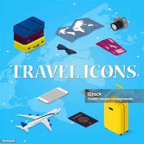 아이소메트릭 스타일의 여행 컨셉으로 여행하는 시간 여권 티켓 가방 및 비행기 여행 장비 벡터 일러스트레이션 가방에 대한 스톡 벡터 아트 및 기타 이미지 Istock