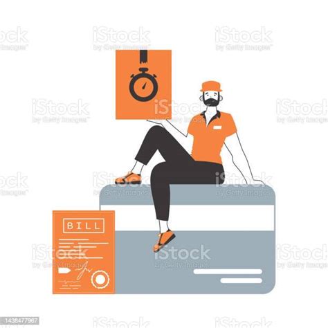 그 남자는 은행 카드에 앉아 소포를 들고 있습니다 배달 개념입니다 선형 현대적인 스타일 흰색 배경에 격리 벡터 그림입니다 나름에 대한 스톡 벡터 아트 및 기타 이미지