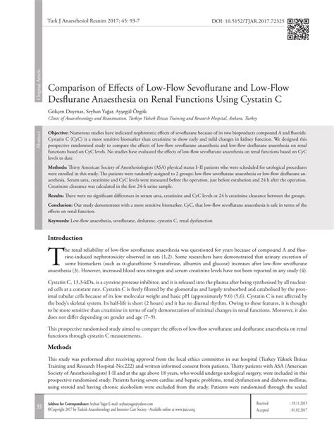 Pdf Comparison Of Effects Of Low Flow Sevoflurane And Low Flow Desflurane Anaesthesia On Renal