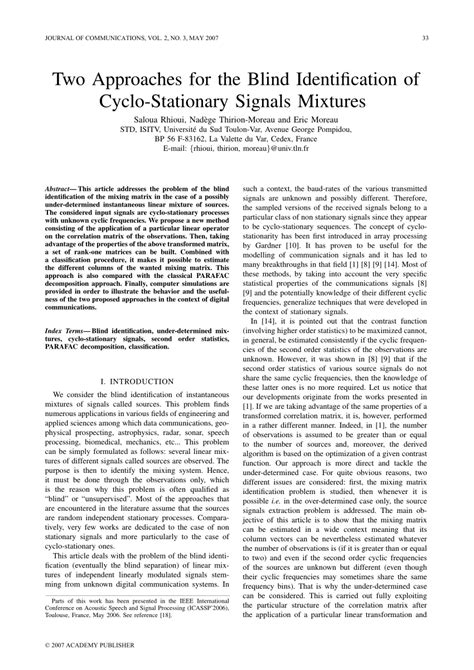 Pdf Two Approaches For The Blind Identification Of Cyclo Stationary Signals Mixtures