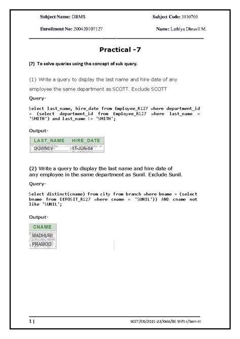 Sub Query Of Dbms Enrollment No 200420107127 Name Lathiya Dhruvil M