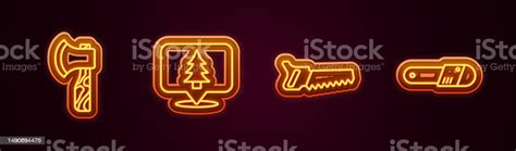 세트 라인 나무 도끼 숲의 위치 손톱 및 전기 톱 빛나는 네온 아이콘입니다 벡터 가리키기에 대한 스톡 벡터 아트 및 기타 이미지 가리키기 거리표식 건설 산업 Istock
