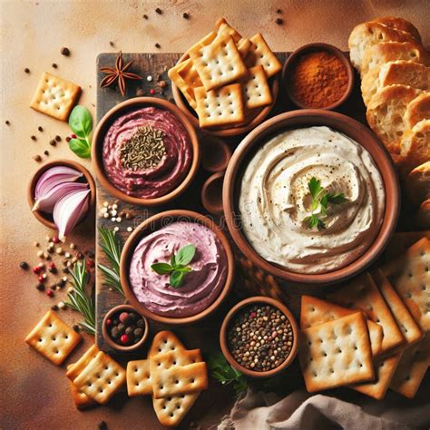 A Rustic Spread Of Dips Crackers Bread And Spices All Artfully
