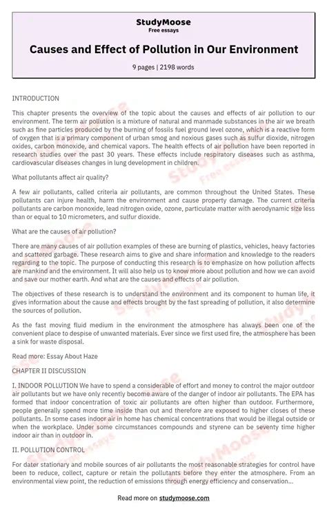 Causes And Effect Of Pollution In Our Environment Free Essay Example