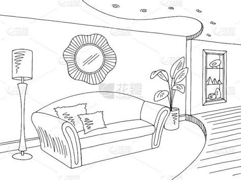 客厅图形黑白家居室内素描插图矢量