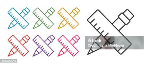 선을 교차하는 눈금자와 연필 아이콘을 흰색 배경에 분리합니다 직선 기호입니다 그림 및 교육 도구 아이콘을 화려하게 설정합니다