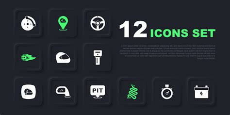 스톱워치 자동차 배터리 레이싱 헬멧 트랙 휠 화재 불꽃 거울 및 피트 스톱 아이콘을 설정합니다 벡터 거리에 대한 스톡 벡터 아트 및 기타 이미지 Istock