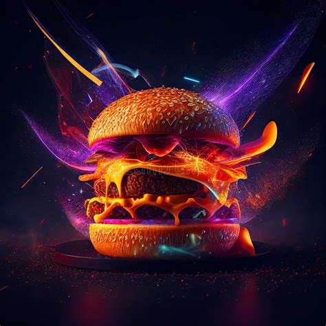 Cheeseburger Dynamic View In Neon Disco Lights And Lightnings