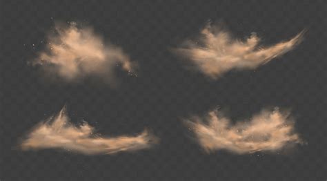 먼지 모래 구름돌로 설정하고 투명 한 배경에 고립 된 먼지 입자를 비행 사막 모래 폭풍 사실적인 벡터 일러스트레이션 3차원 형태에 대한 스톡 벡터 아트 및 기타 이미지