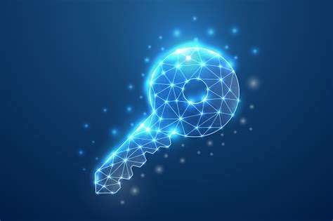 파란색 로우 폴리 스타일로 연결된 점이있는 3d 키 기호 보안 비밀 개인 디자인 컨셉 일러스트레이션 파란색 배경에 키 다각형 3차원 형태에 대한 스톡 벡터 아트 및 기타