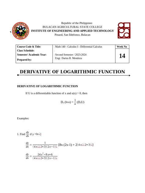 Week No 14 Derivative Of Logarithmic Function Pdf