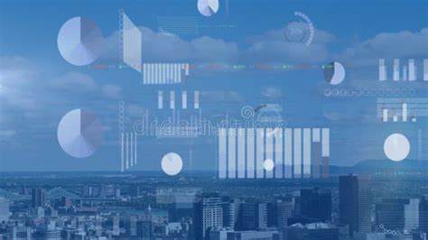 Animation Of Data Visualization Graphics Overlaying Cityscape With Blue