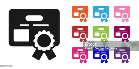 흰색 배경에서 격리된 검은색 인증서 템플릿 아이콘입니다 성취 수상 학위 보조금 졸업장 개념 다채로운 아이콘을 설정합니다 벡터 고무도장에 대한 스톡 벡터 아트 및 기타 이미지