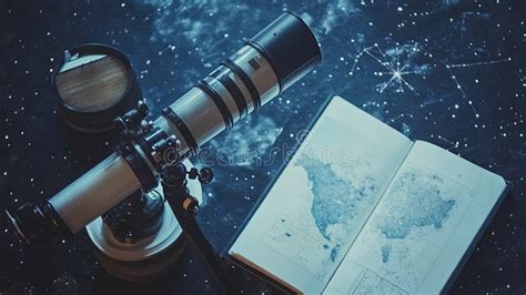 A Clean Astronomy Setup With A Telescope Star Charts And A Notebook Stock Image Image Of
