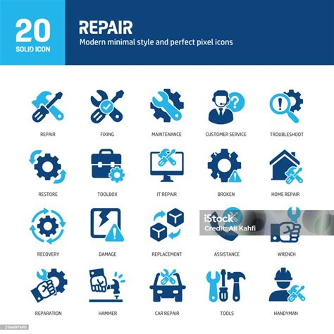 글리프 단색 아이콘을 복구합니다 서비스 복구 작업 도구 수리 솔리드 아이콘 모음이 포함되어 있습니다 벡터 일러스트 레이 션입니다 웹사이트 디자인 로고 앱 템플릿 Ui 등