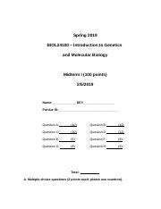2019 Midterm1 Key Docx Spring 2019 BIOL24100 Introduction To Genetics And Molecular Biology