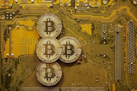 Premium Photo Golden Bitcoin On Computer Motherboard Bitcoin Mining Concept