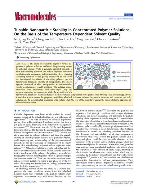 Pdf Tunable Nanoparticle Stability In Concentrated Polymer Solutions