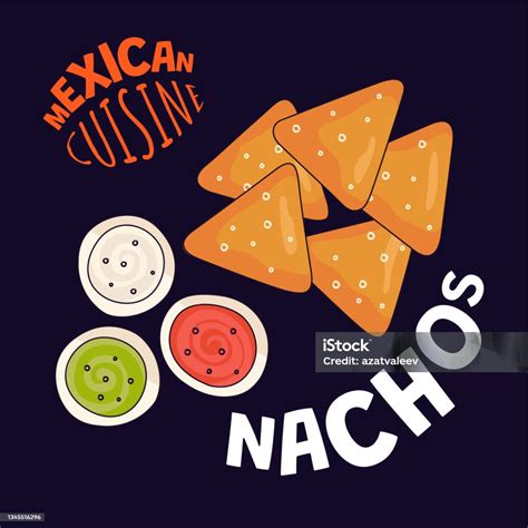 멕시코 나초 포스터 멕시코 패스트 푸드 식당 카페 또는 레스토랑 광고 배너 라틴 아메리카 요리 나초 전단지 전통 간식과 과카몰리 살사 치즈 소스 벡터 일러스트 음식 재료에