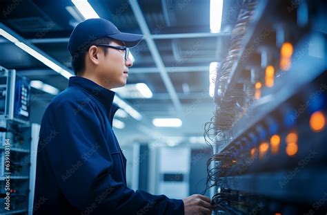 초고층 빌딩 지하에 위치한 최신식 배전반을 점검하고 있는 한국인 전기 기술 엔지니어 Stock Illustration