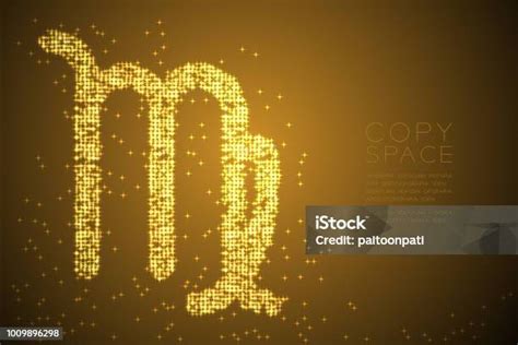 반짝 스타 패턴 처녀자리 조디악 기호 셰이프를 추상 별자리 개념 디자인의 골드 컬러 일러스트 레이 션의 갈색 그라데이션 배경