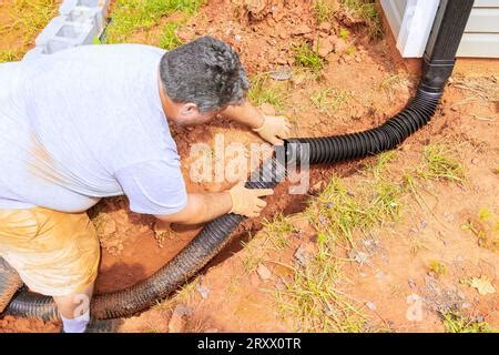 Installing Downspout Connector For Flexible Gutter Extension Drainage Pipe With Water Draining