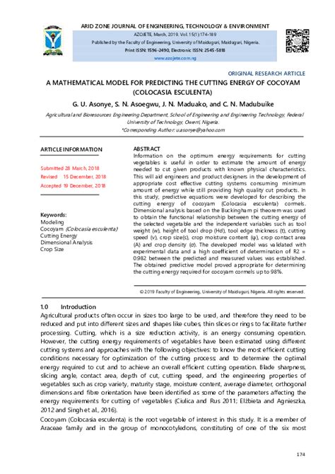 Pdf A Mathematical Model For Predicting The Cutting Energy Of Cocoyam
