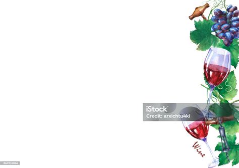 신선한 포도 스크류와 레드 와인 안경의 무리와 함께 서식 파일 핸드는 흰색 바탕에 수채화 그림을 그려 수채화에 대한 스톡 벡터 아트 및 기타 이미지 Istock