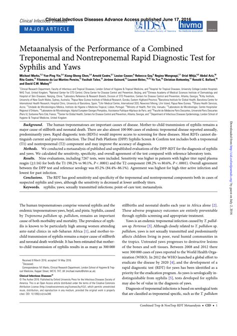 Pdf Metaanalysis Of The Performance Of A Combined Treponemal And Nontreponemal Rapid