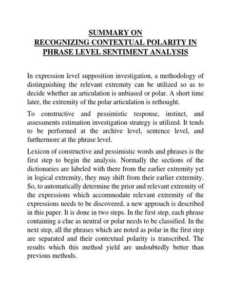 Summary On Recognizing Contextual Polarity In Phrase Level Sentiment