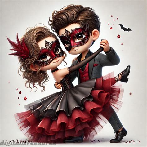 Chibi Masquerade Couple Clipart Pastel Teal And Lavender Digital