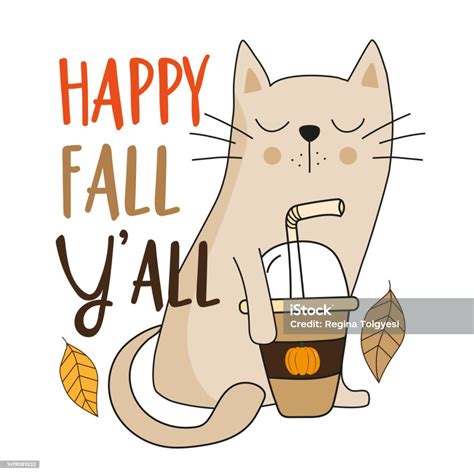 해피 가을 Yall 손으로 그린 고양이와 호박 향신료 라떼와 단풍잎이있는 재미있는 슬로건 10월에 대한 스톡 벡터 아트 및 기타 이미지 Istock