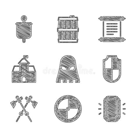 Set Executioner Mask Round Wooden Shield Diamond Shield Crossed Medieval Axes Castle