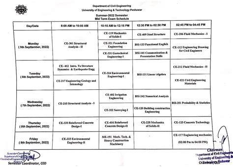 Revised Summer 2022 Mid Term Exam Schedule Department Of Civil