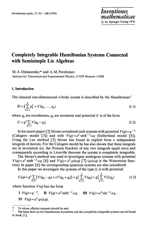 Pdf Completely Integrable Hamiltonian Systems Connected With Semisimple Lie Algebras