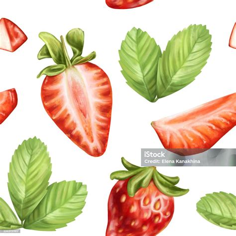 밝은 열매 딸기 조각 및 잎이 있는 완벽한 패턴 달콤하고 건강한 디저트 요리 재료 축제 테이블 여름 파티를 위한 장식 손으로 그린 일러스트 배경 건강한 생활방식에 대한 스톡