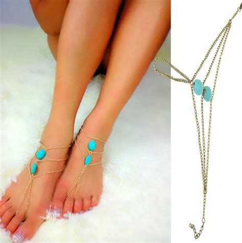 Sexy Barefoot Sandal Turquoise Anklet Foot Ankle Chain Toe Jewelry Finger Ring Chain Anklet In