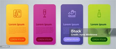 세트 라인 크리스마스 산타 클로스 썰매 샴페인 병 엽서 및 샴페인 잔 비즈니스 인포 그래픽 템플릿 벡터 겨울에 대한 스톡 벡터 아트 및 기타 이미지 Istock