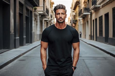 Handsome Man Walking On Street Black Tshirt Premium Ai Generated Image