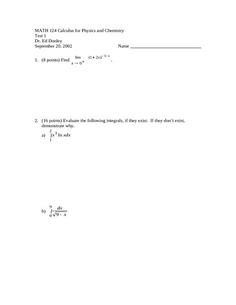 8 Questions To Evaluate The Integrals Exam 1 Math 126 Docsity