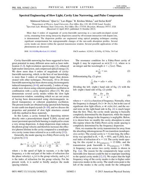 Pdf Spectral Engineering Of Slow Light Cavity Line Narrowing And