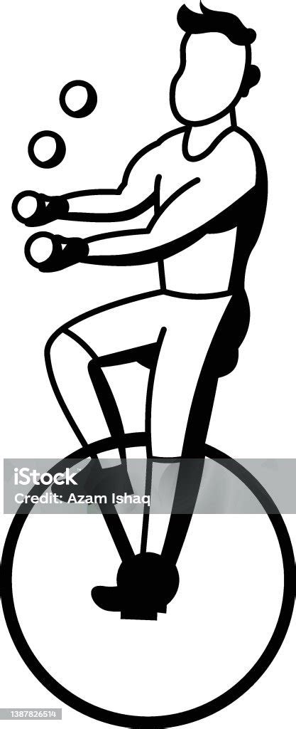 양자 저글링 또는 공 캐스케이드 벡터 아이콘 디자인 서커스 문자 기호 카니발 연기자 기호 축제 극단 스톡 일러스트레이션 외발 자전거 개념에 저글링 큰 콧수염 남자 감정에