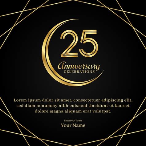 고급스러운 검은색과 금색 배경에 반달 모양의 금색 숫자와 텍스트 기념일 축하가 포함된 25주년 프리미엄 벡터